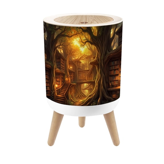 Small Trash Can with Lid Magical Forest Library Enchanting Tree Shelves ...