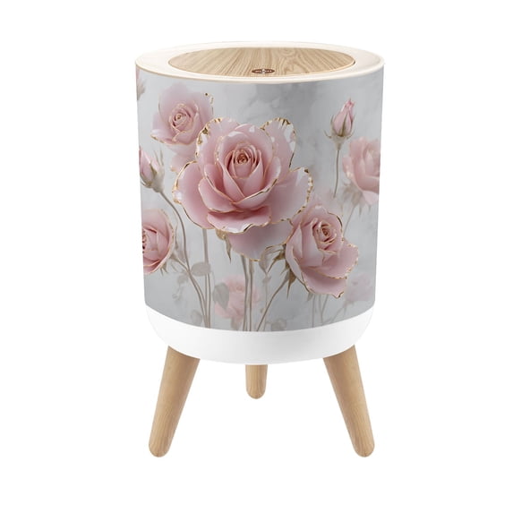 Small Trash Can with Lid Modern Delicate Pink Gold Roses Flower Grey ...