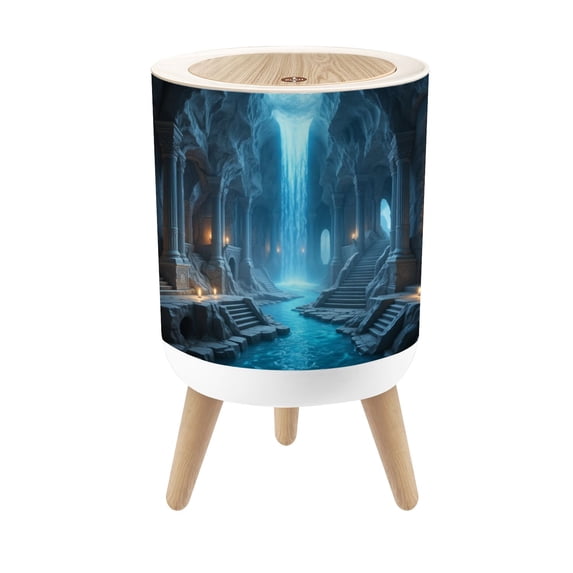 Small Trash Can with Lid Mystical Cave Waterfall Illuminated Pillars 1. ...