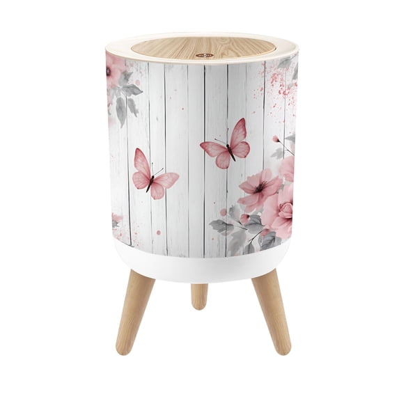 Small Trash Can with Lid Pink Butterfly Peony Flowers Farmhouse Wood ...