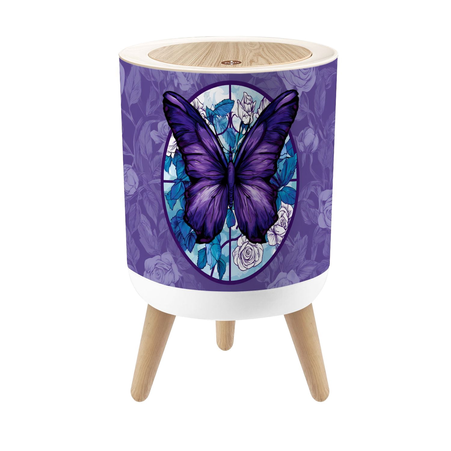 Small Trash Can with Lid Purple Butterfly Floral Stained Glass Design 1 ...
