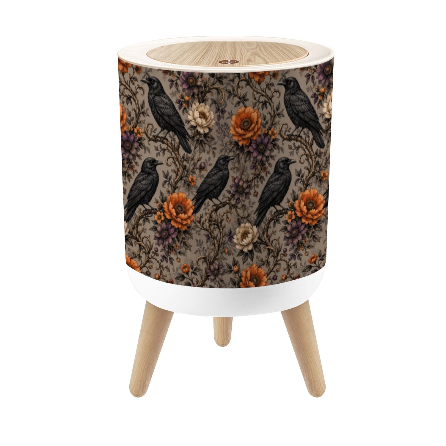 Small Trash Can with Lid Raven Birds Among Floral Blossom Vintage ...
