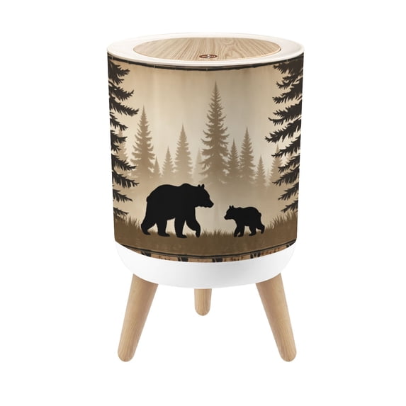 Small Trash Can with Lid Silhouette Mother Baby Bears Forest Pine Trees ...