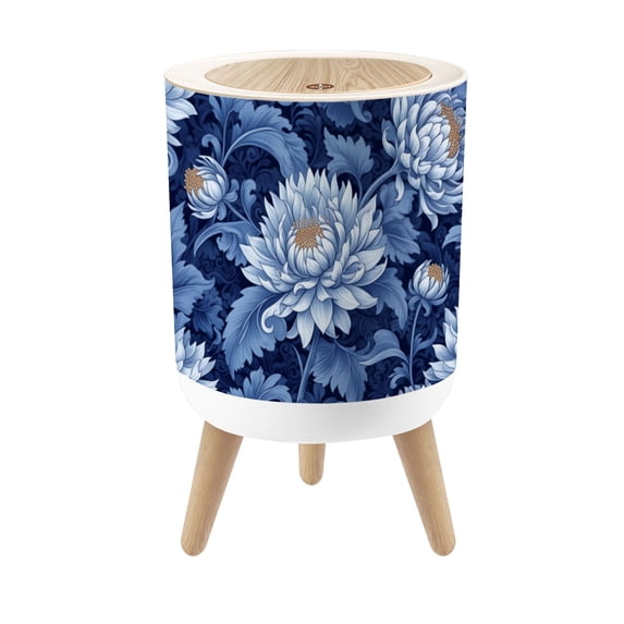 Small Trash Can with Lid Vintage Floral Blue Chrysanthemums Dark ...