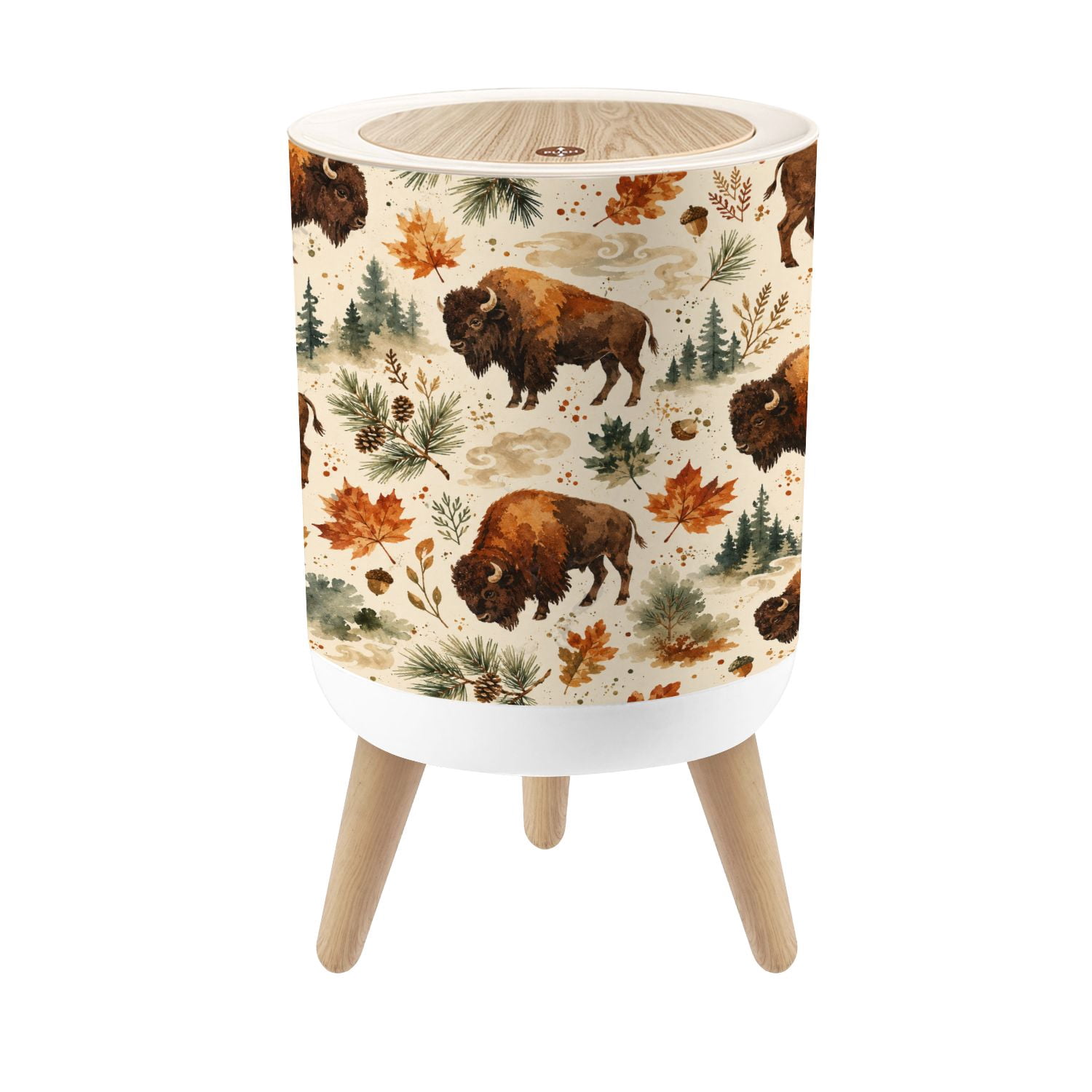 Small Trash Can with Lid Watercolor Bison Woodland Seamless Autumn ...