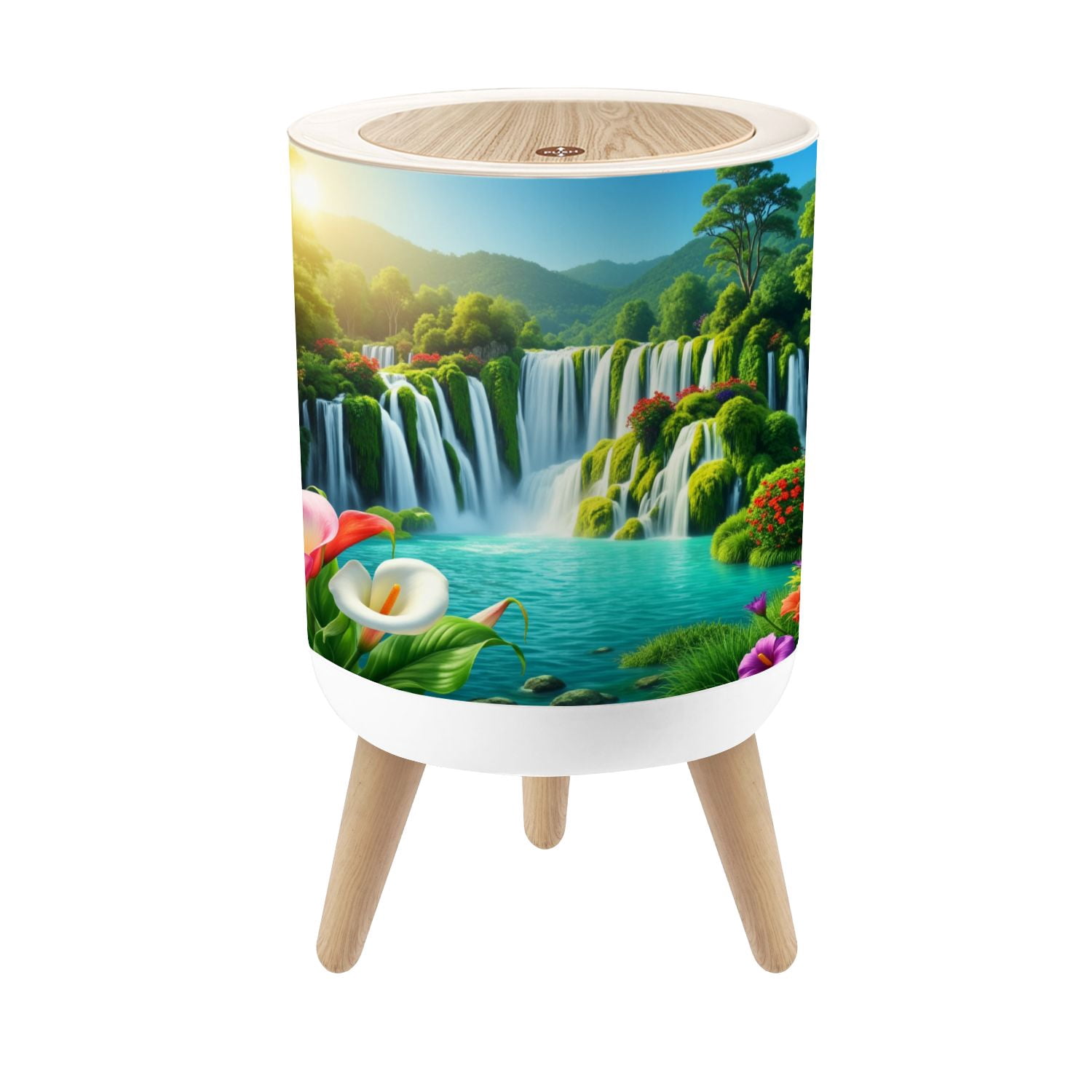 Small Trash Can with Lid Waterfall Landscape Vibrant Flowers Turquoise ...