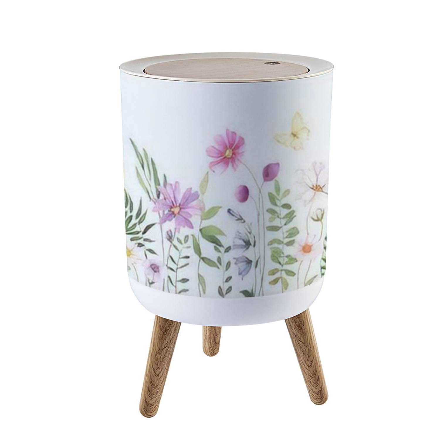 Small Trash Can with Lid Wildflowers green wild and flying butterfly ...