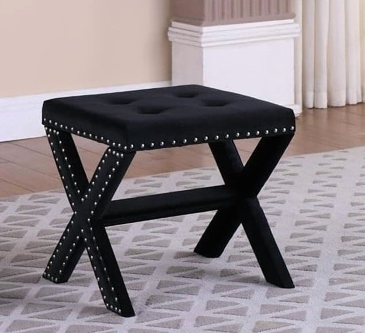 Small Tufted Bench with Storage, Black Linen-Blend Fabric & Wood Frame ...