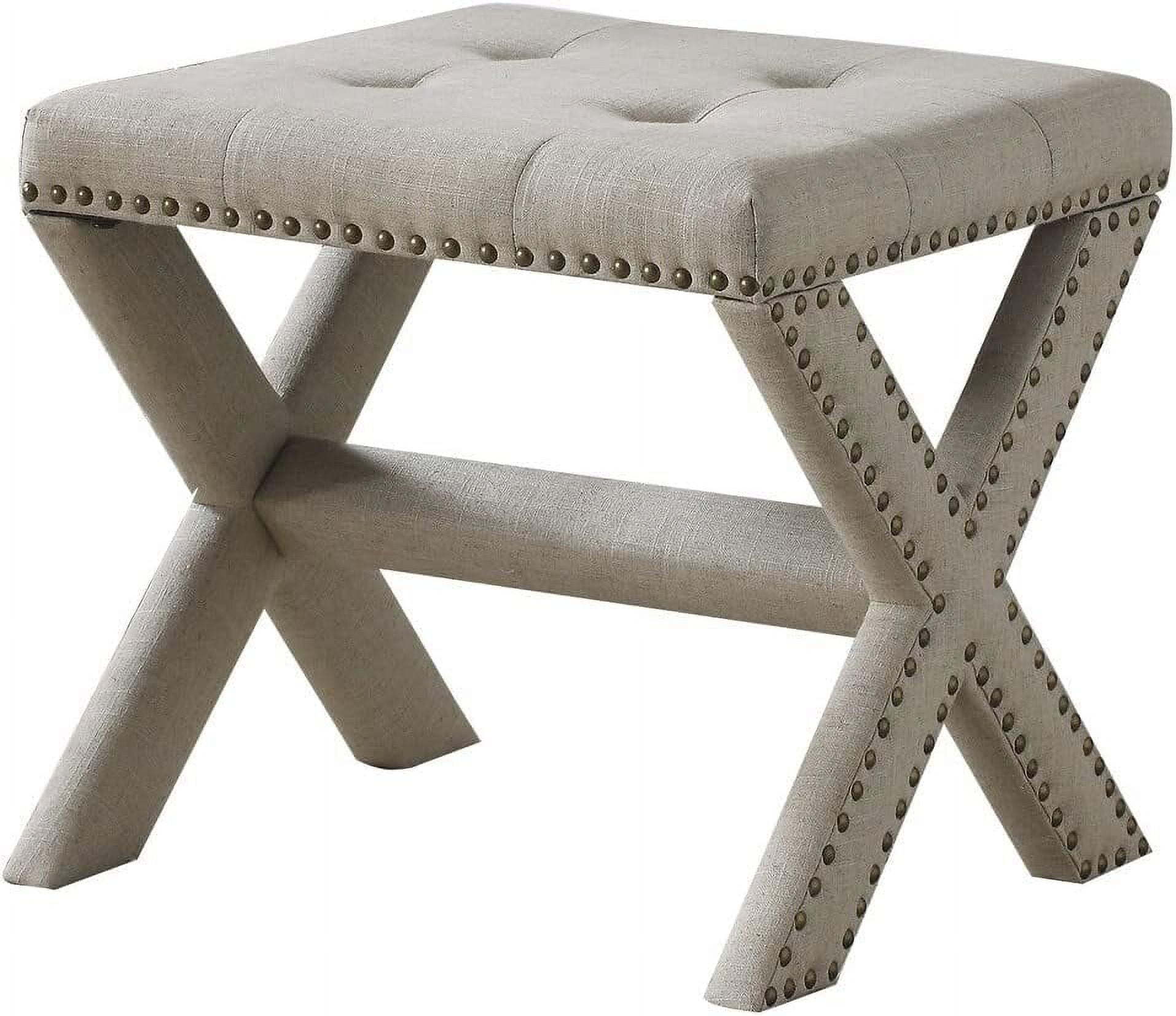 Small Tufted Bench with Storage, Natural Linen-Blend Fabric & Wood ...