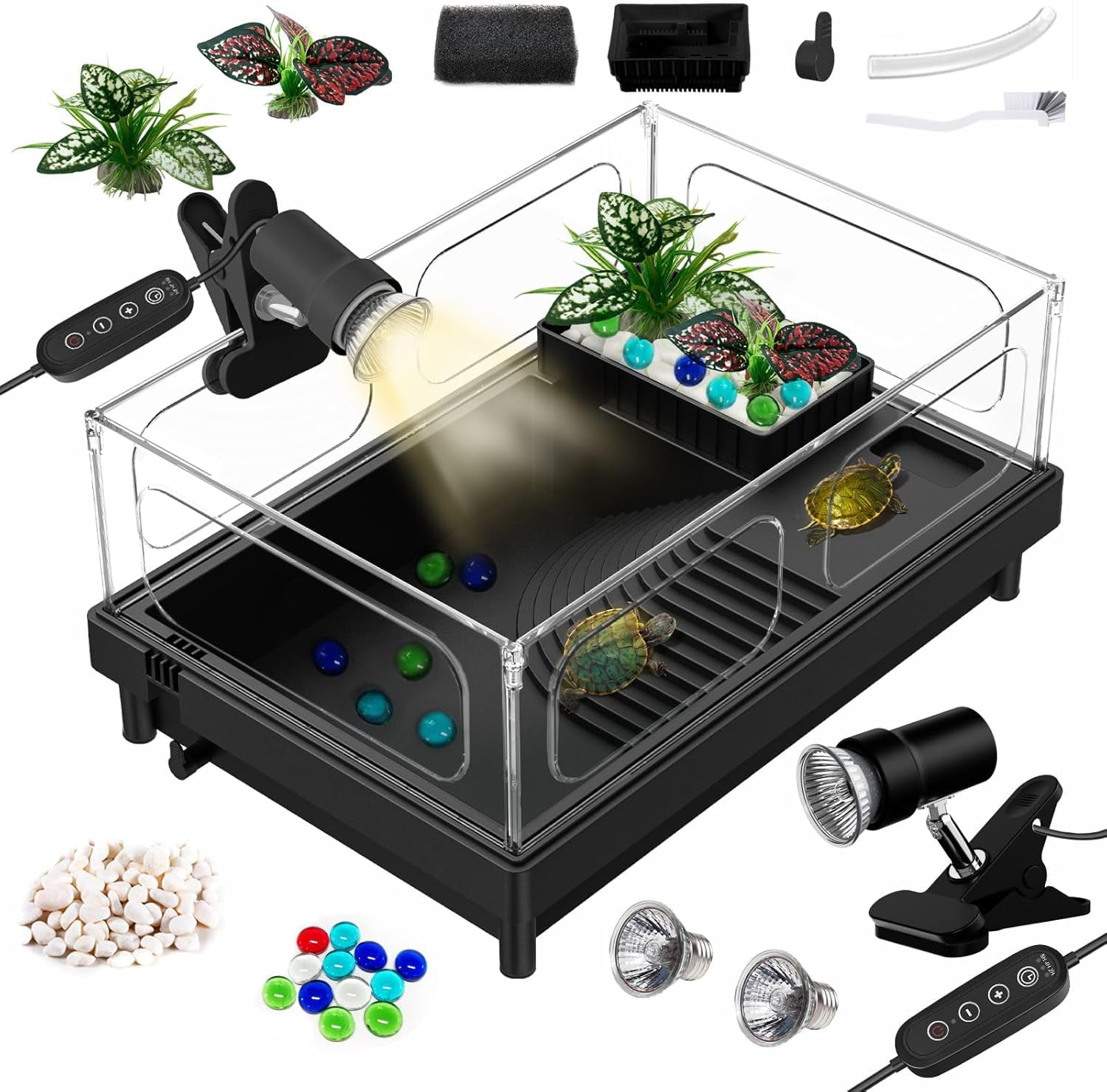 Small Turtle Tank with Adjustable Lamp, Acrylic Turtle Tank Starter Kit ...