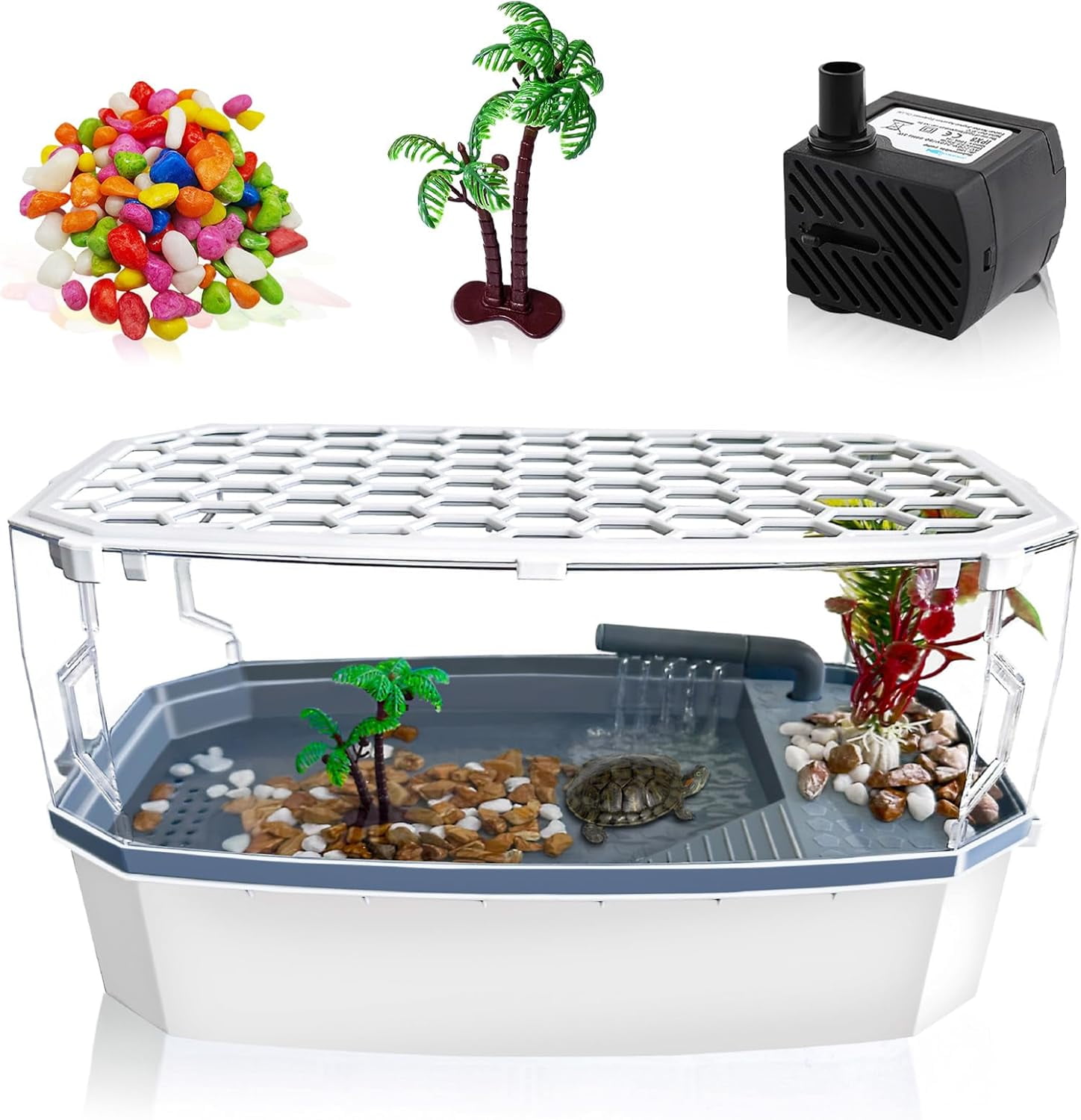 Small Turtle Tank with Lid, Acrylic Turtle Aquarium with Water Pump ...