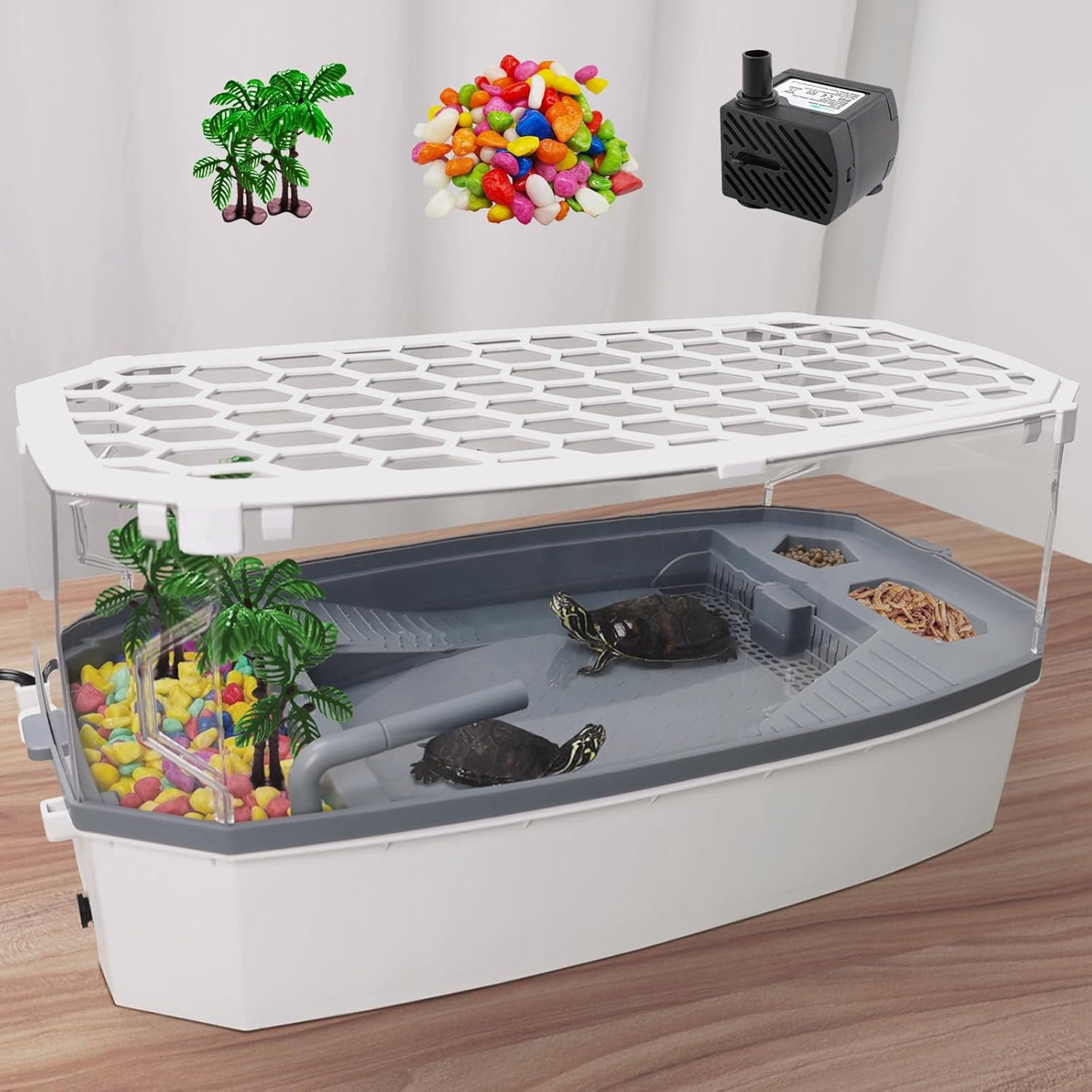 Small Turtle Tank with Lid, Acrylic Turtle Aquarium with Water Pump ...