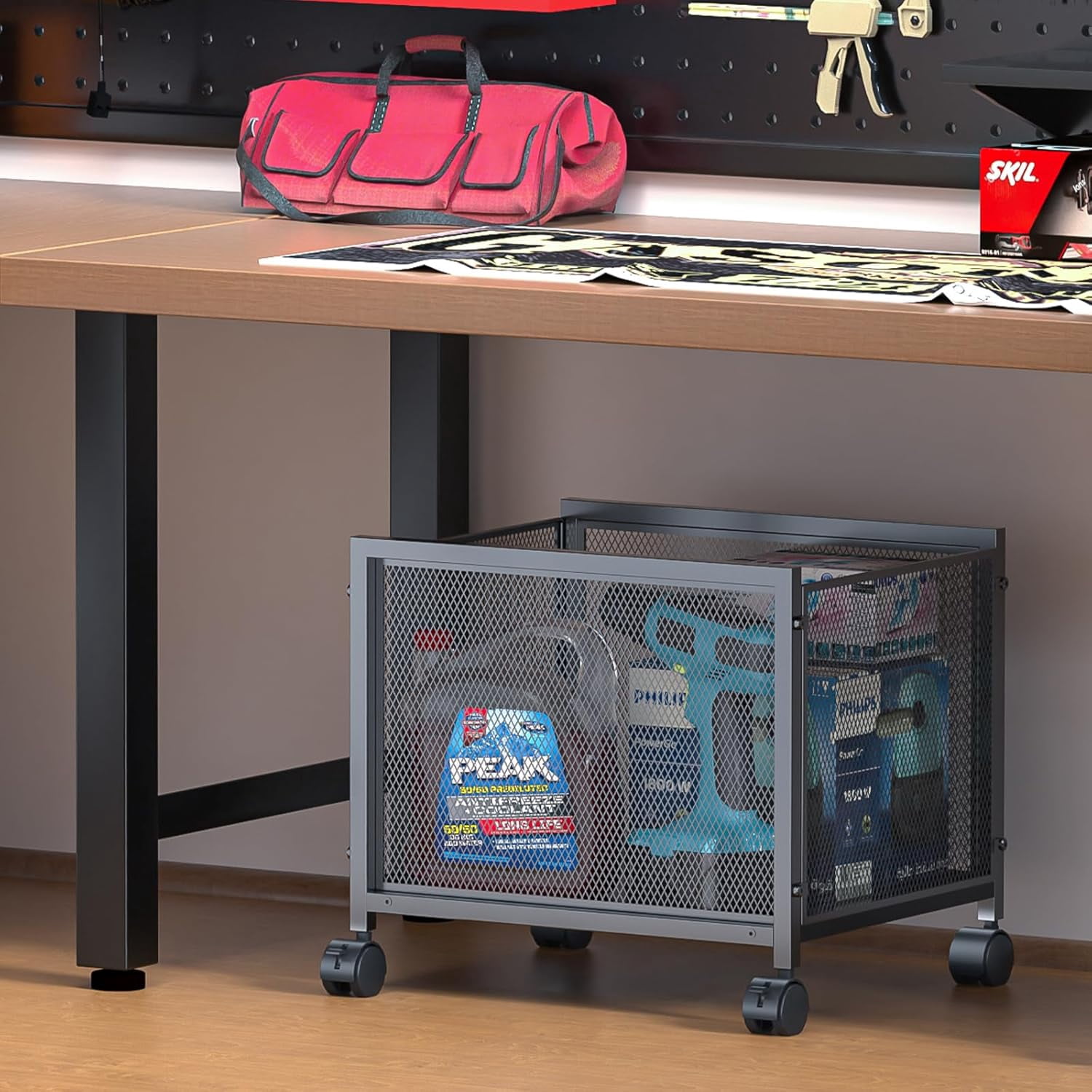 Small Utility Cart Under Desk Organizer, Mesh & Wood Design Storage ...