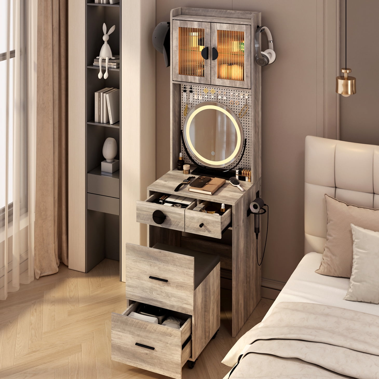 Small Vanity Desk with Mirror and LED Lights, Makeup Table with ...