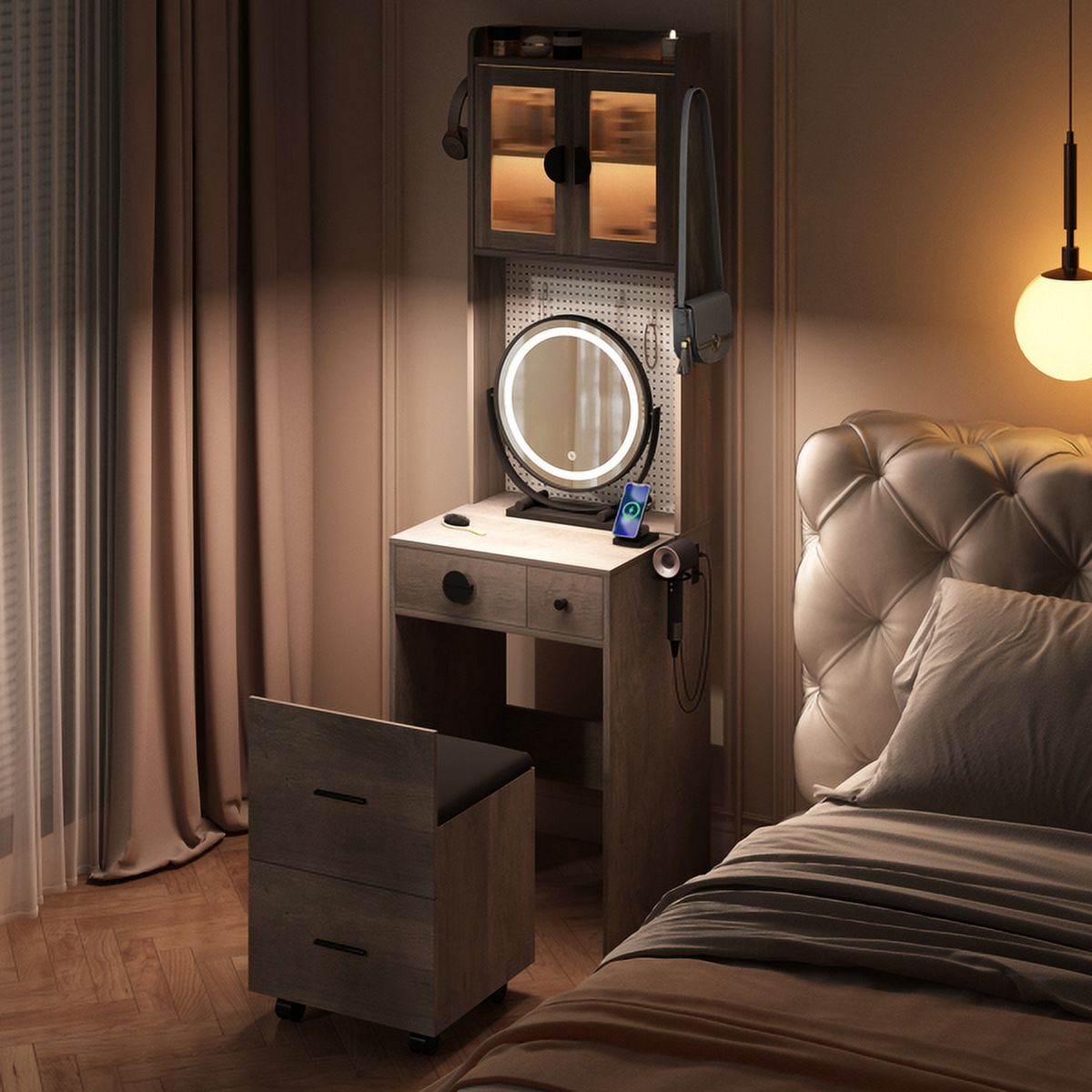 Small Vanity Desk with Mirror and LED Lights, Makeup Table with ...