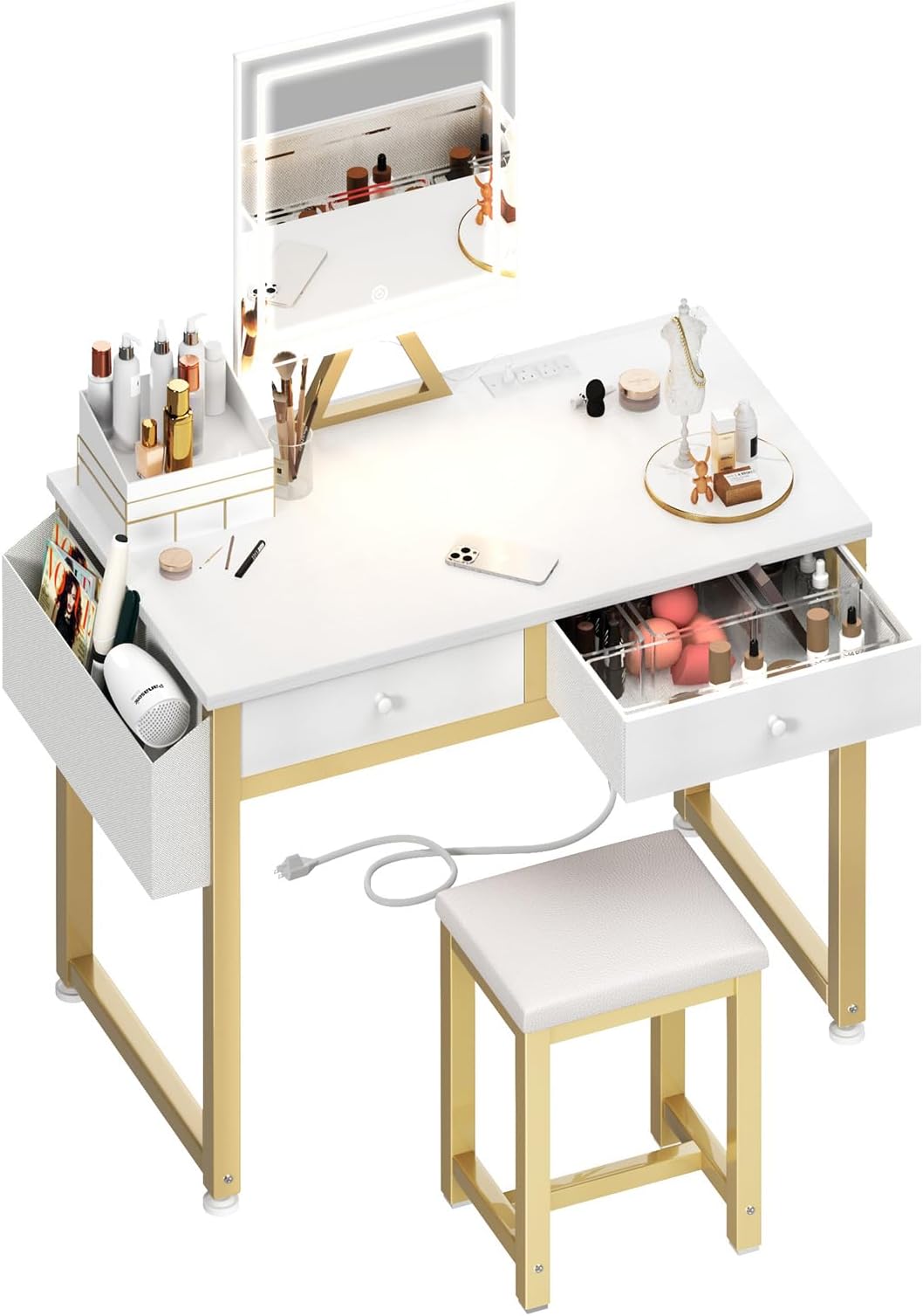 Small Vanity Desk with Mirror and Light, 32 inch White Vanity Desks ...