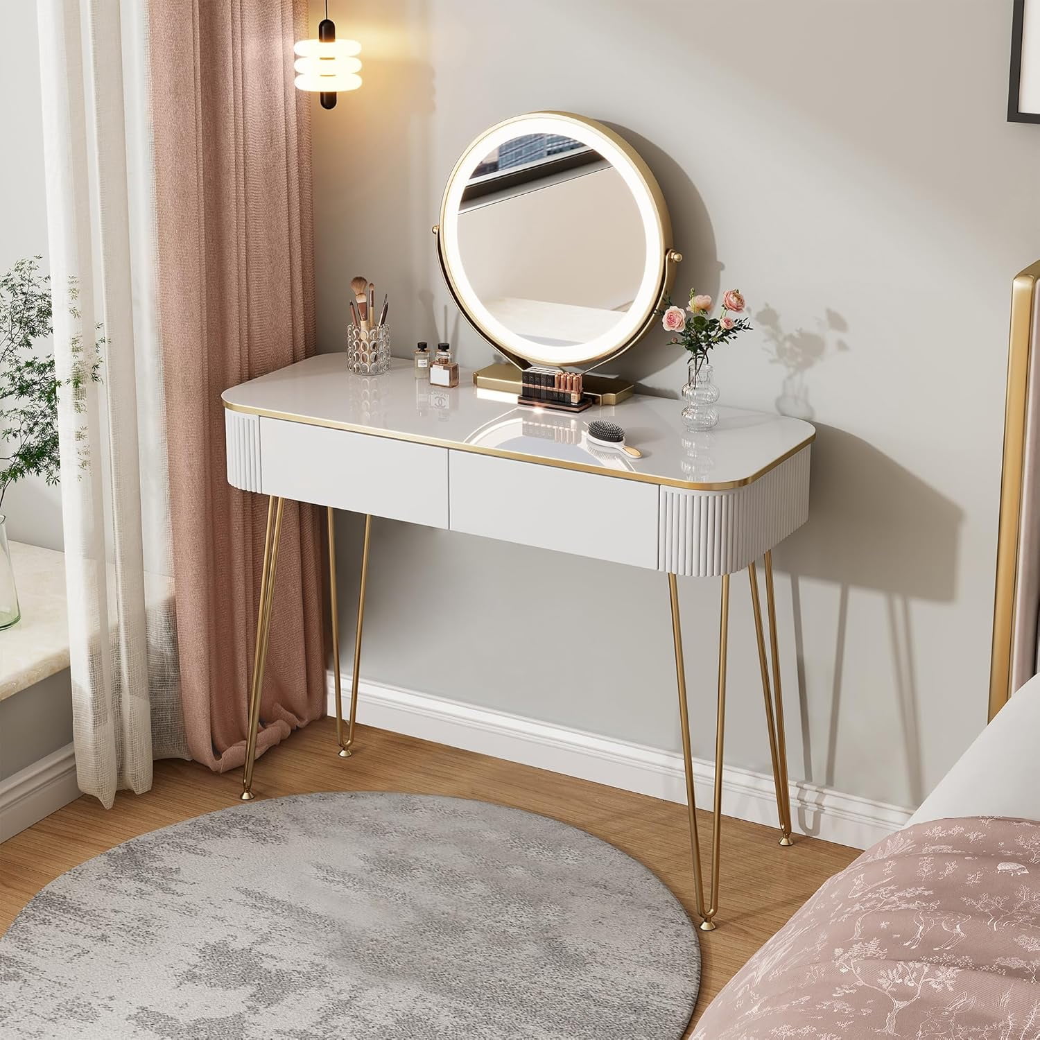 Small Vanity Desk with Mirror and Lights, 39" White and Gold Makeup ...