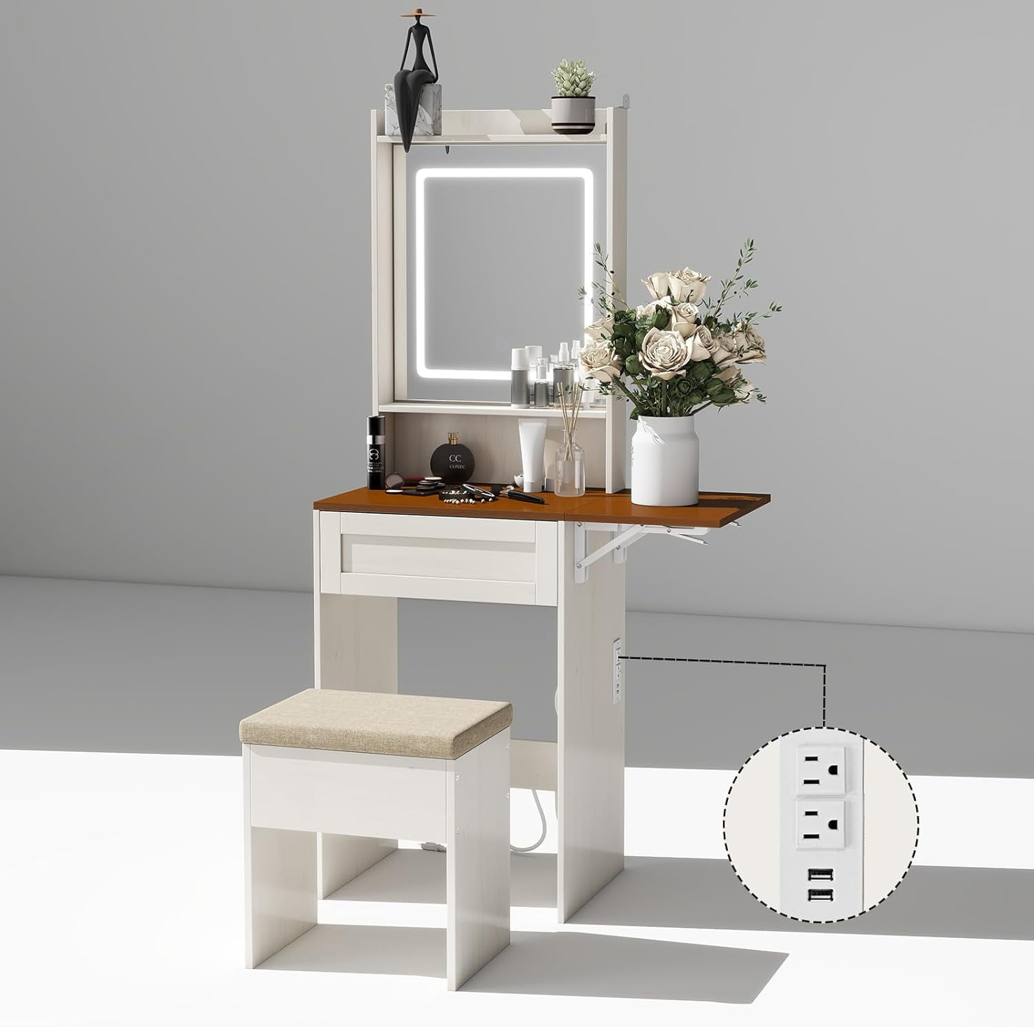 Small Vanity Desk with Mirror and Lights, Farmhouse Mini Vanity Table ...