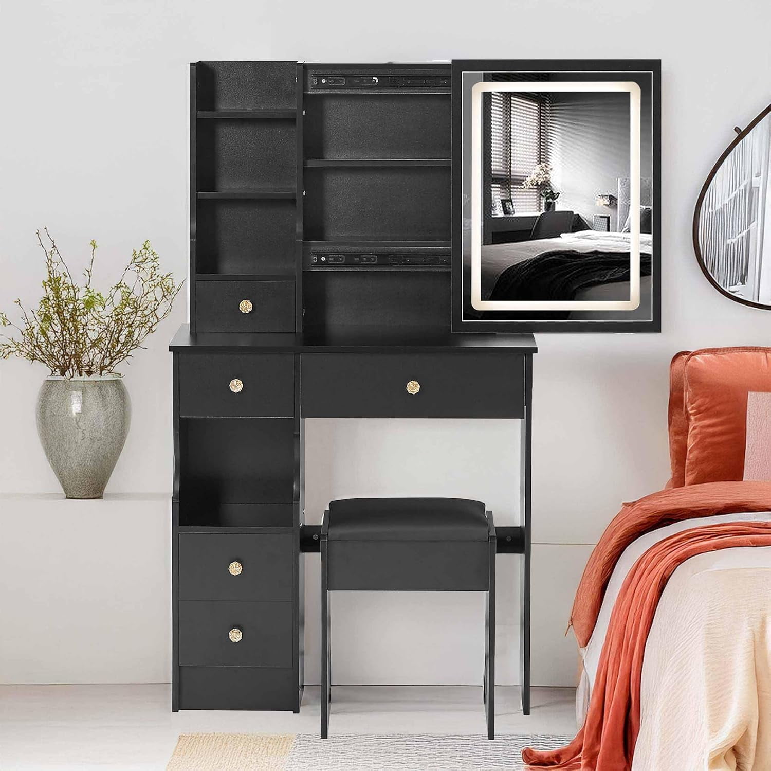 Small Vanity Desk with Mirror and Lights for Girls, Compact Makeup ...