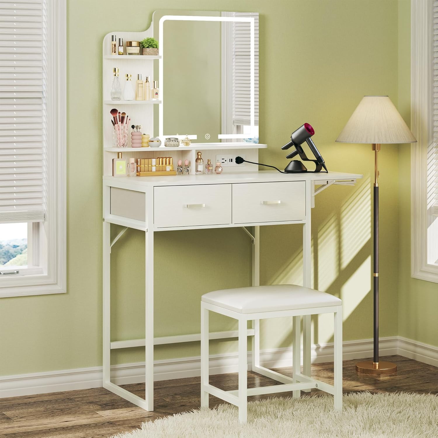 Small Vanity Desk with Mirror and Lights, Makeup Vanity with Fabric ...