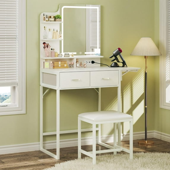 Small Vanity Desk with Mirror and Lights, Makeup Vanity with Fabric ...
