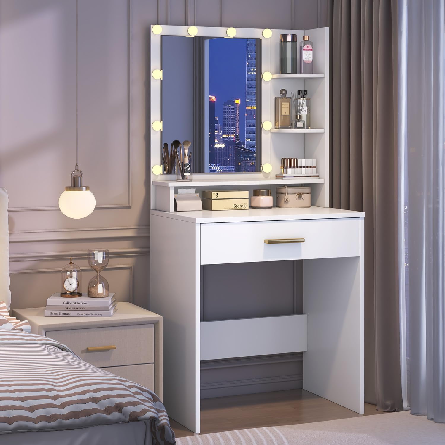 Small Vanity Desk with Mirror and Lights, One Drawer Narrow Makeup ...