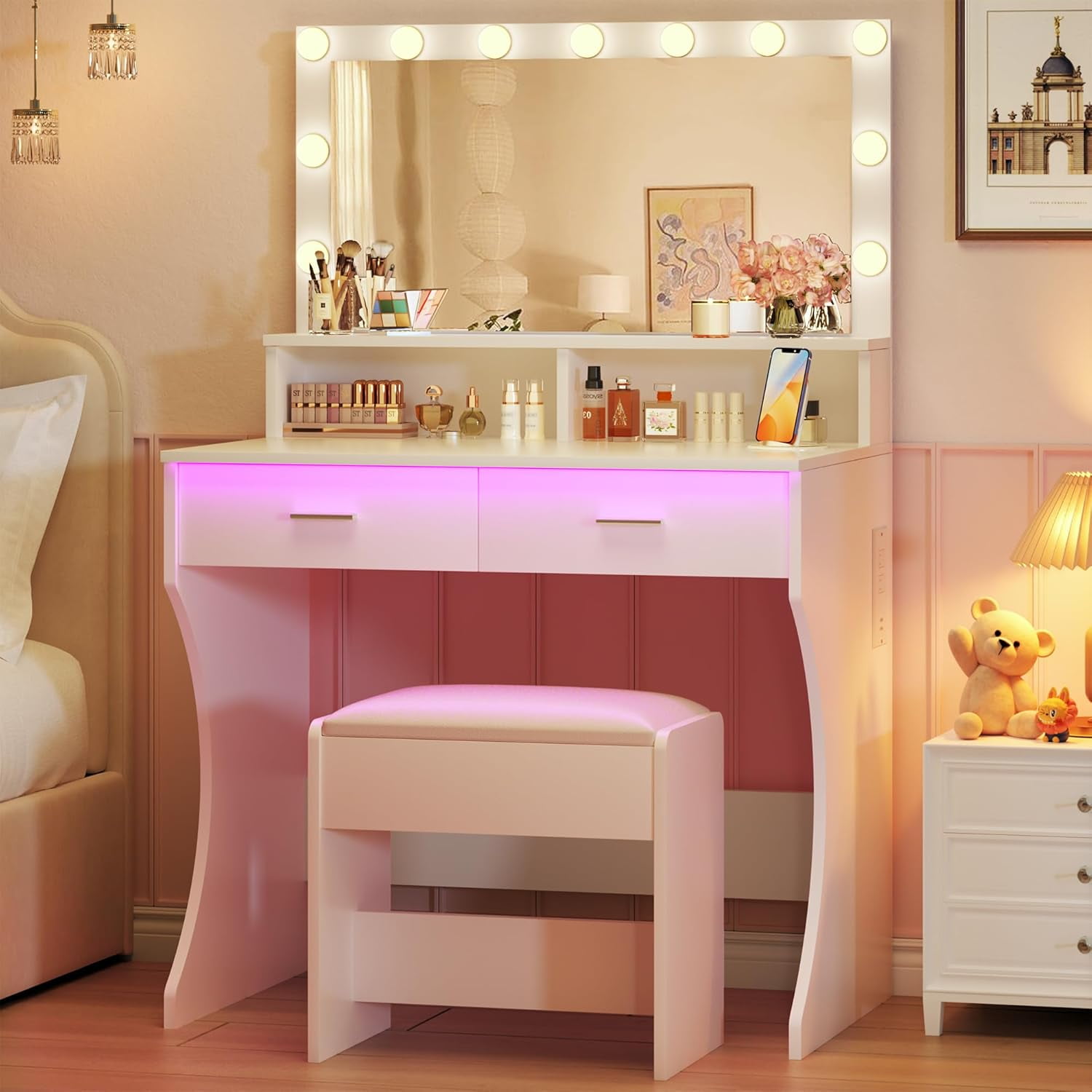 Small Vanity Desk with Mirror and Lights, White Makeup Vanity with ...