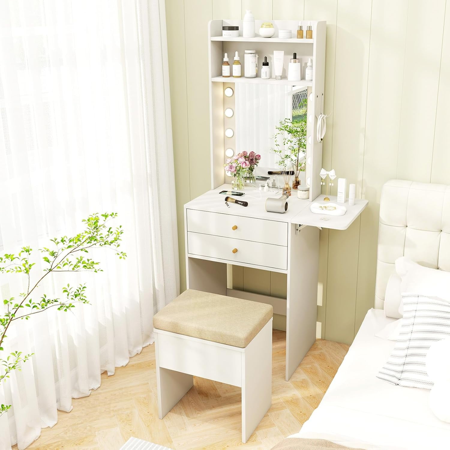 Small Vanity Desk with Mirror and Lights, White Makeup Vanity Table ...