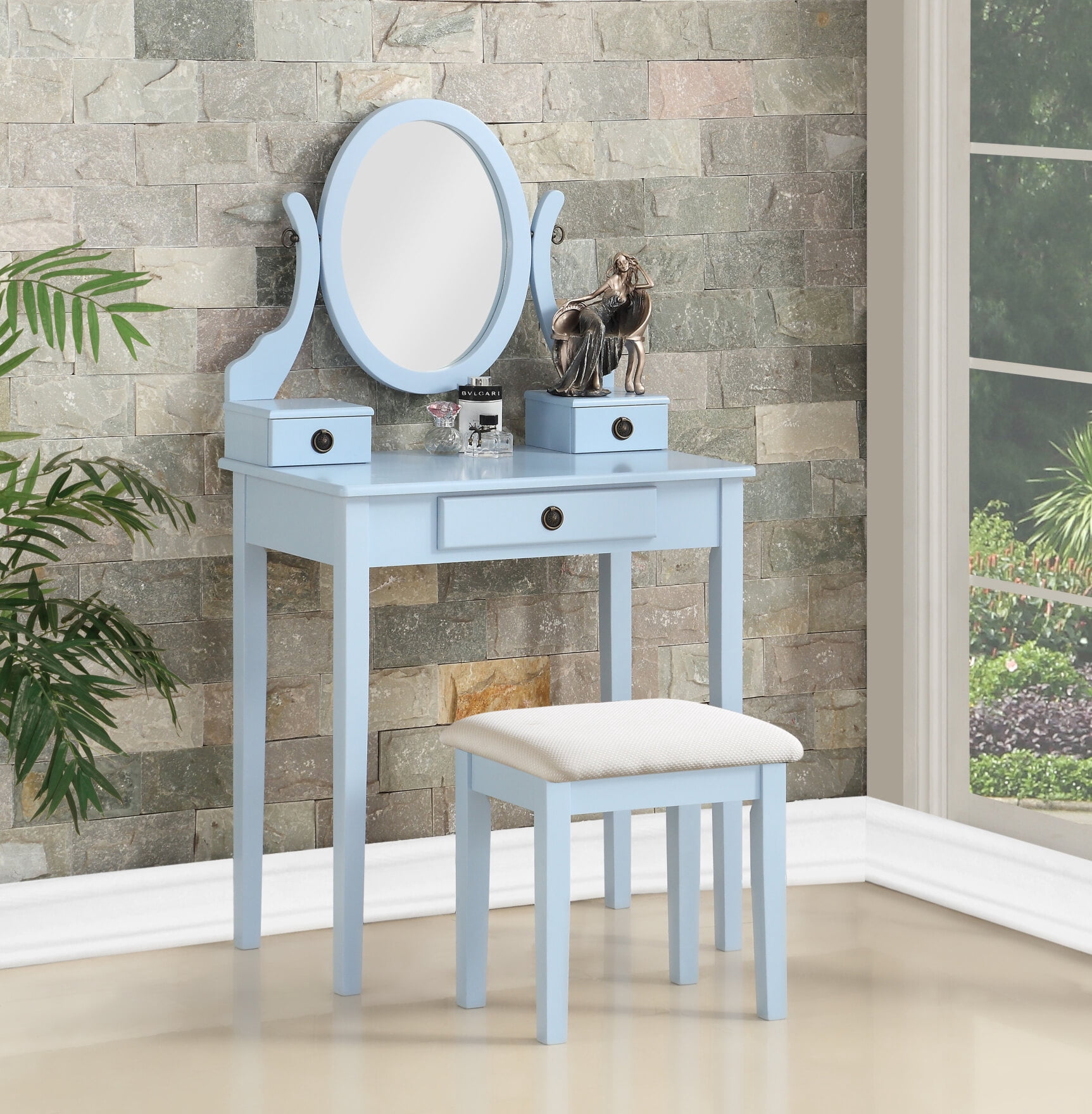 Small Vanity Desk Set, Makeup Vanity Table with Oval Mirror & Cushioned ...