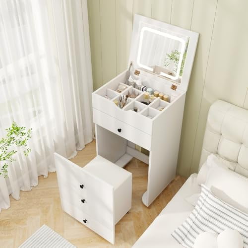 Small Vanity Desk Set, Makeup Vanity Table with Flip-up Lighted Mirror ...