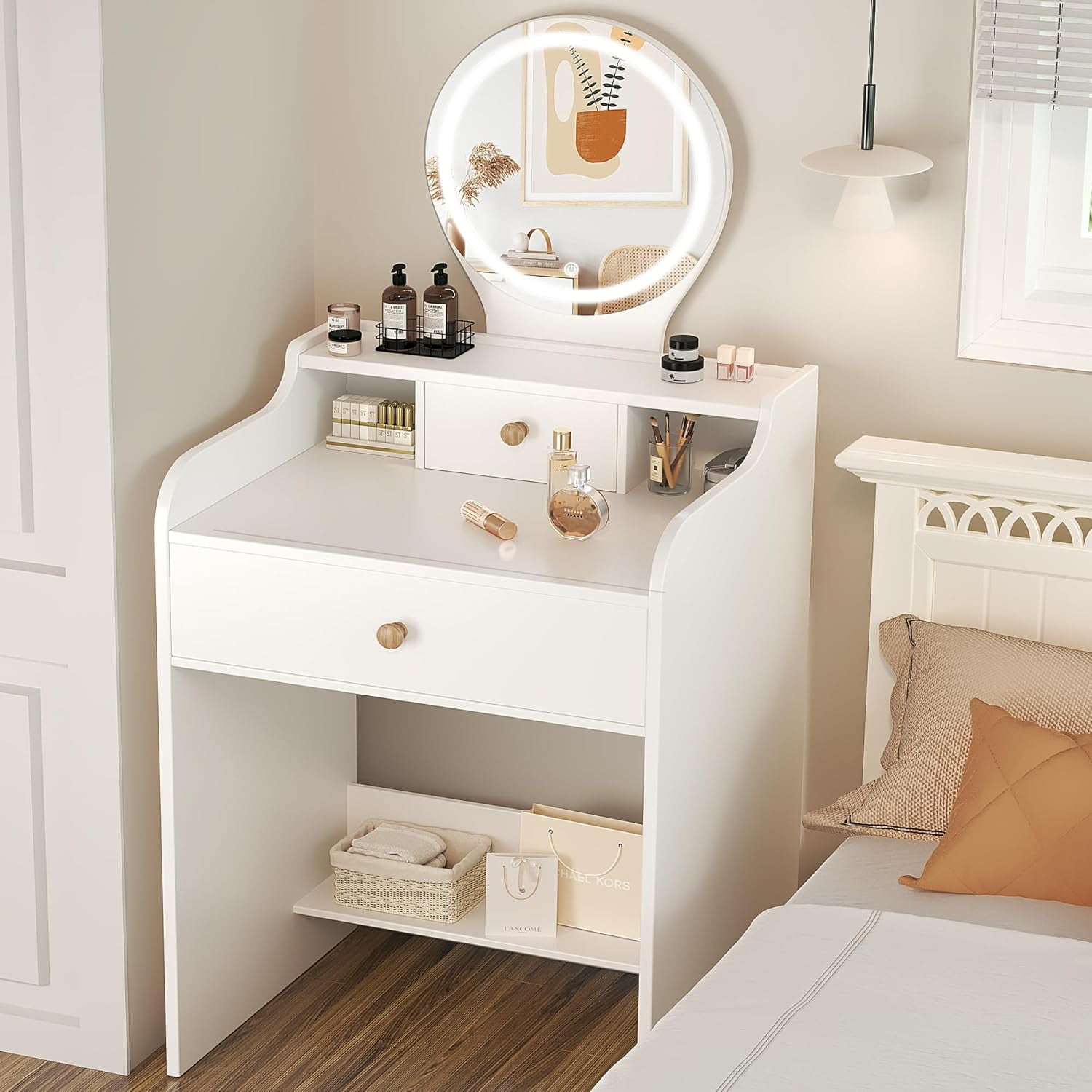 Small Vanity Desk Set with Round Mirror and Light- Vanity Desk with ...