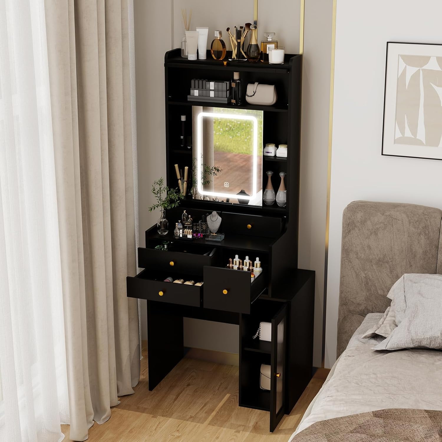 Small Vanity Desk with Sliding Mirror and Lights Black Makeup Vanities ...