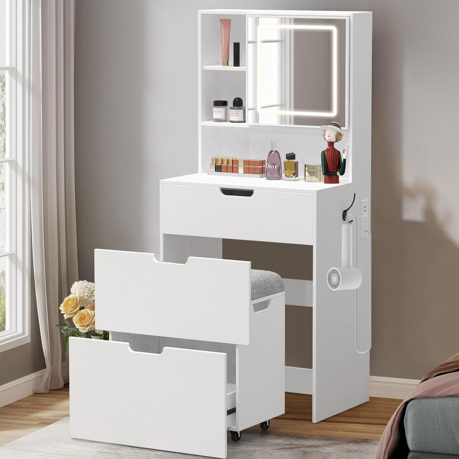 Small Vanity Desk with Chair, Mirror and Lights, Compact Makeup Vanity ...
