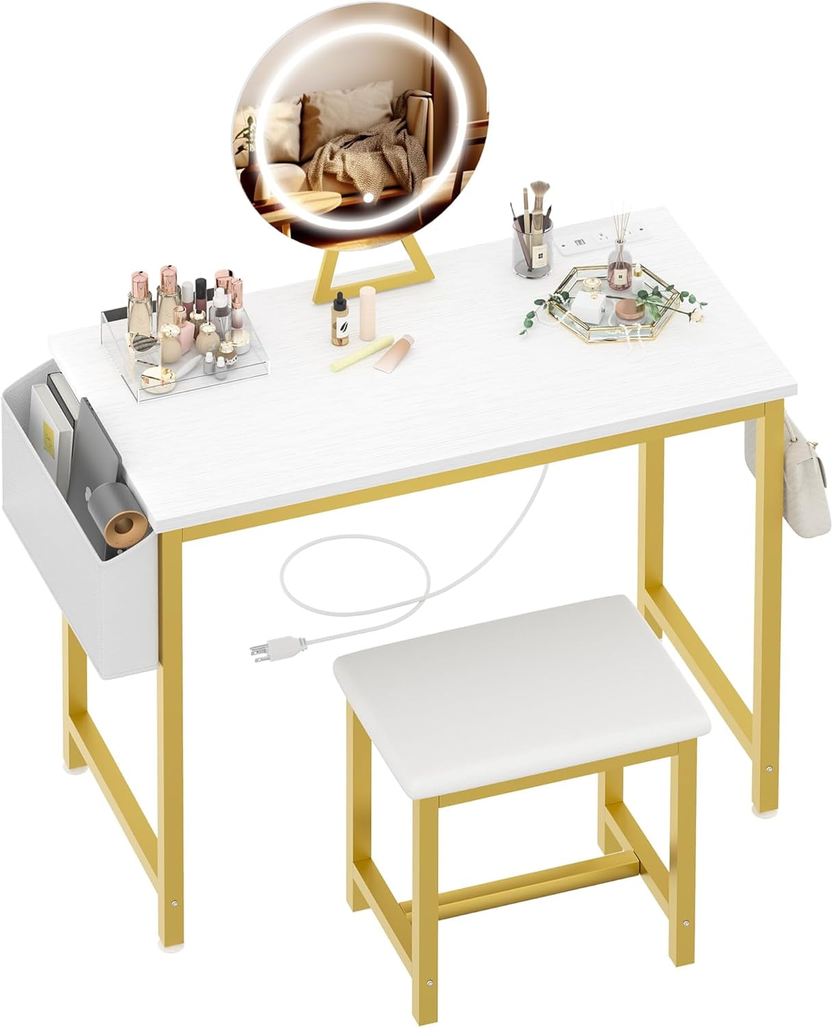 Small Vanity Desk with Mirror and Lights - Makeup Girls Vanity Set ...