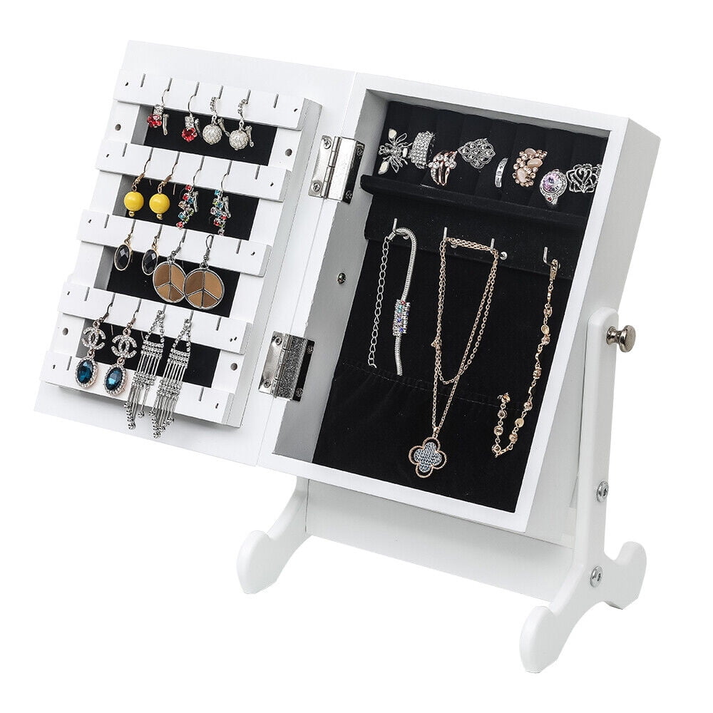Small Vanity Mirror Jewelry Armoire Tabletop Storage Cabinet Organizer ...
