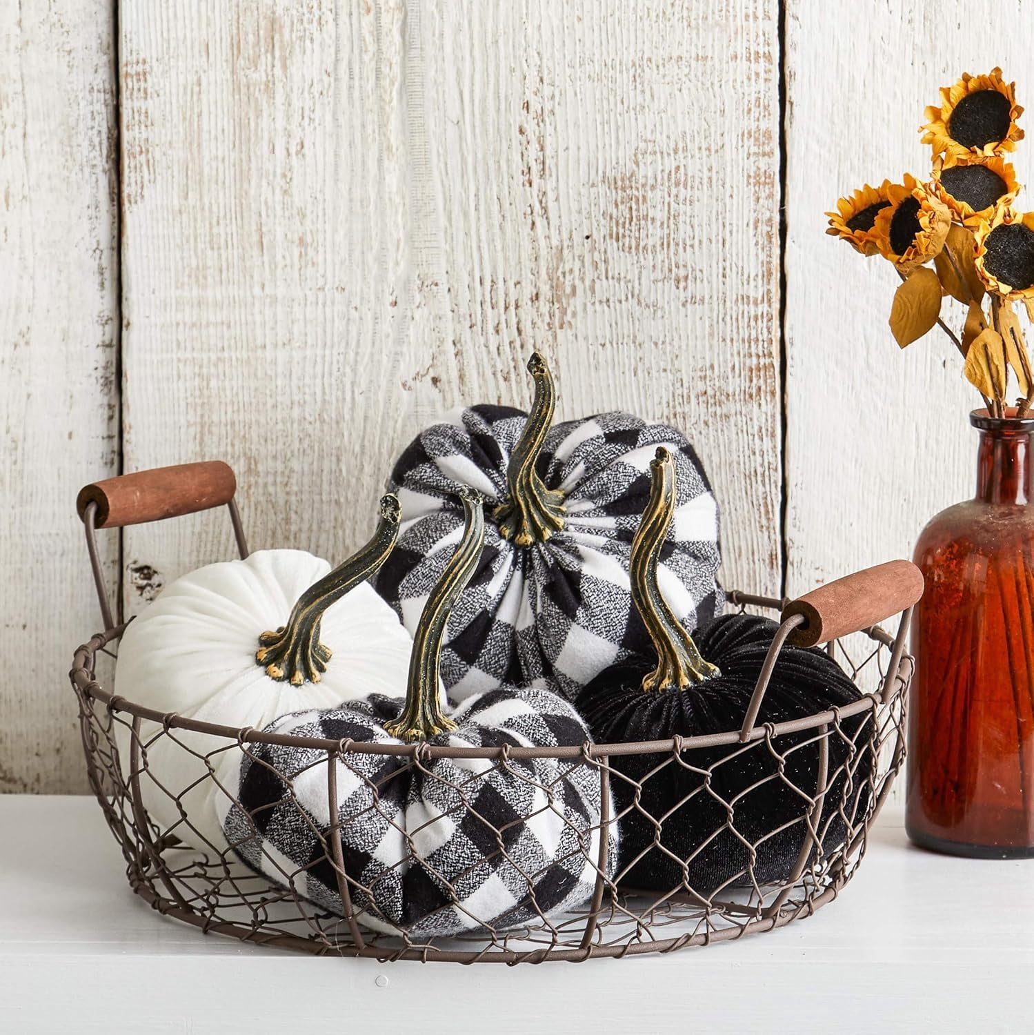Small Velvet and Flannel Pumpkins and Basket Set, Table Centerpiece ...