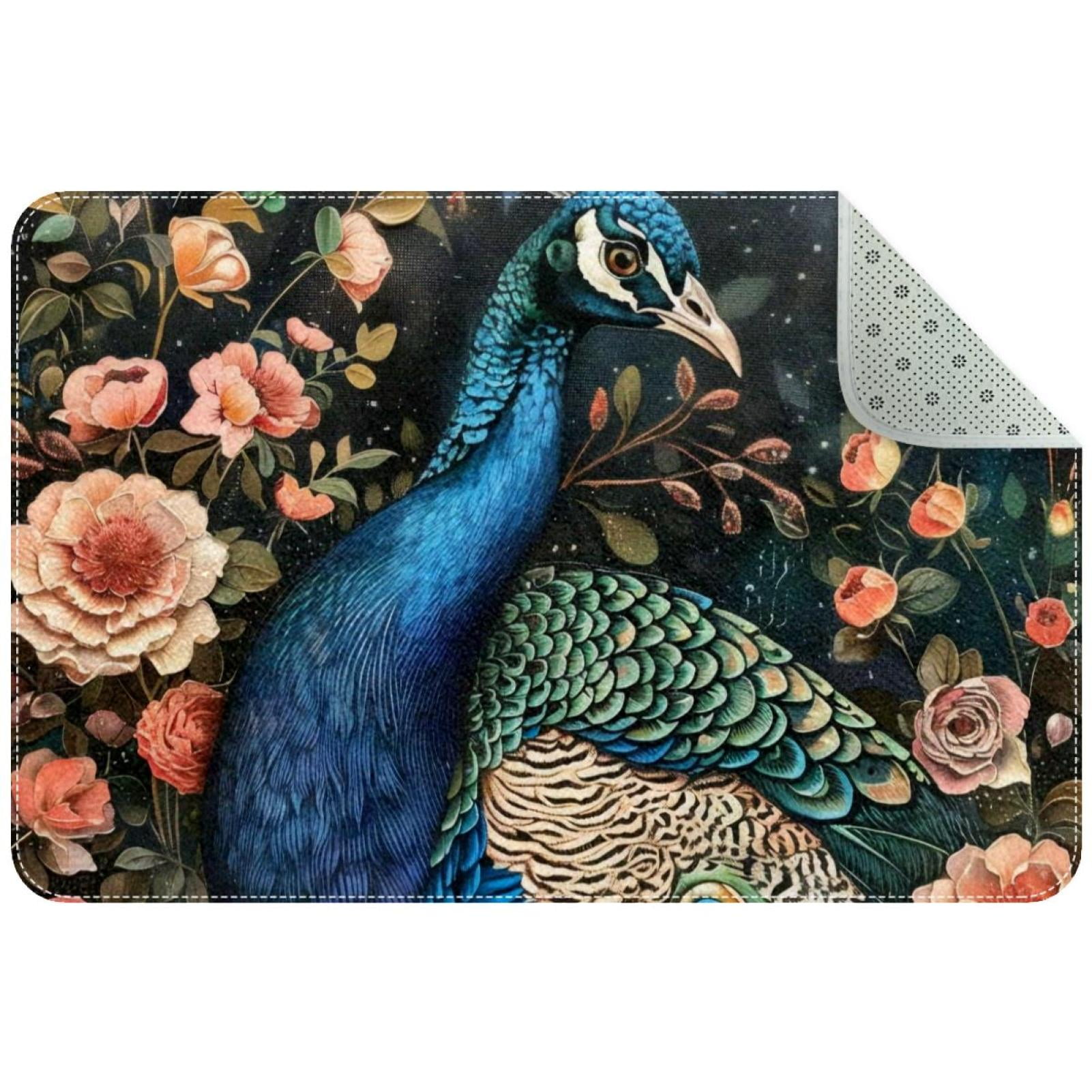 Small Washable Kitchen Rug, Aesthetic Peacock with Pink Flowers Indoor ...