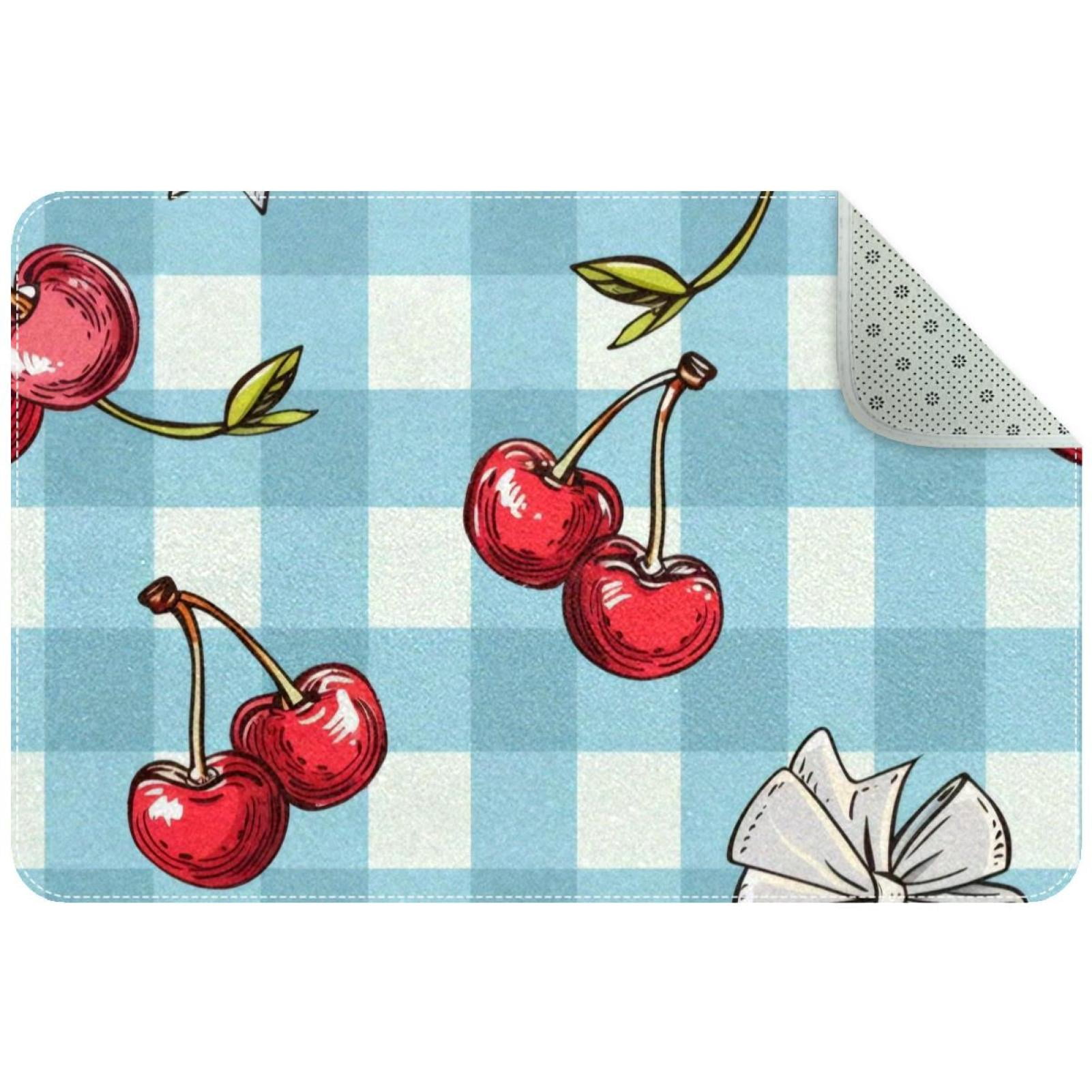 Small Washable Kitchen Rug, Cute Cherries and Bows Blue Plaid ...