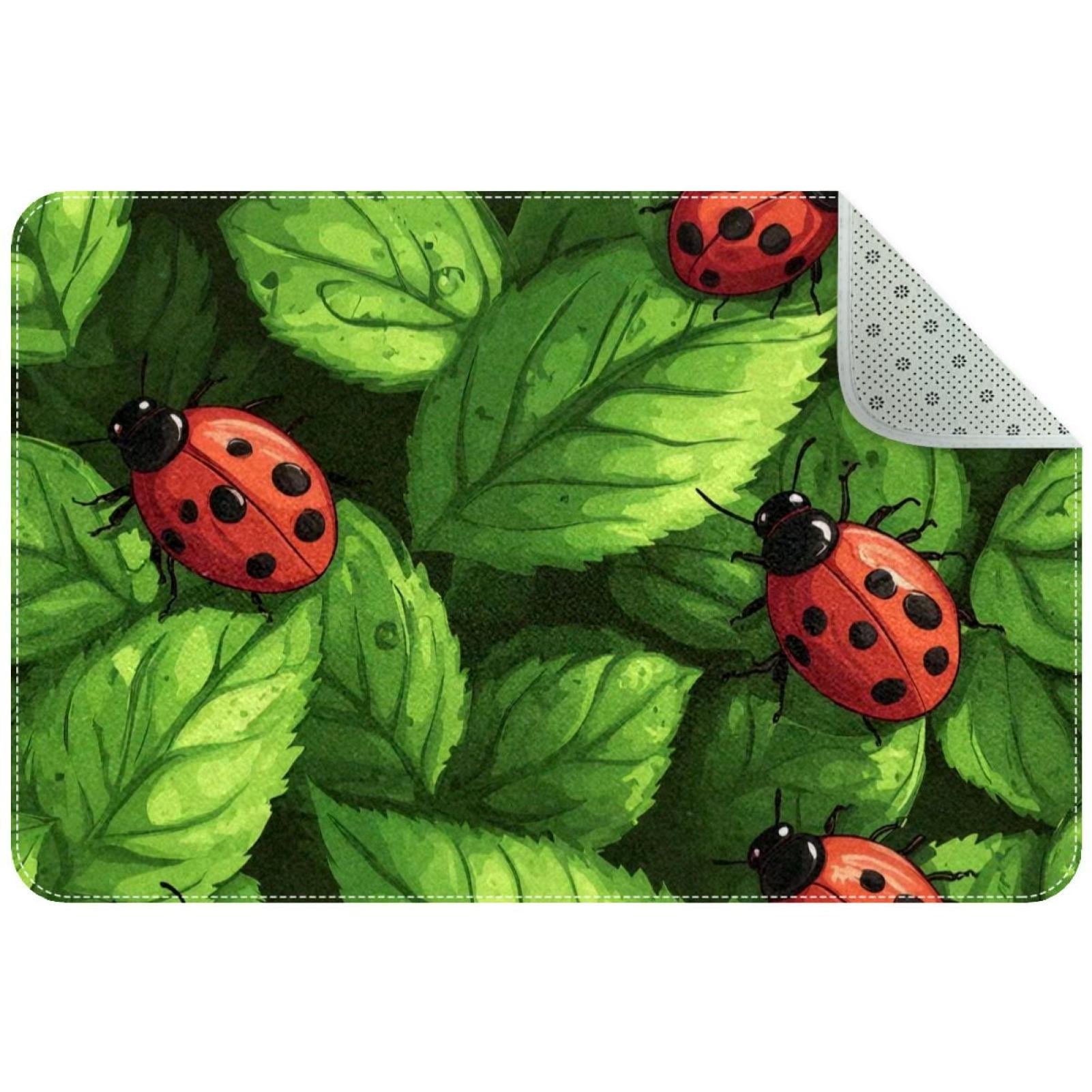 Small Washable Kitchen Rug, Cute Lady Bugs on Green Leaves Indoor Door ...
