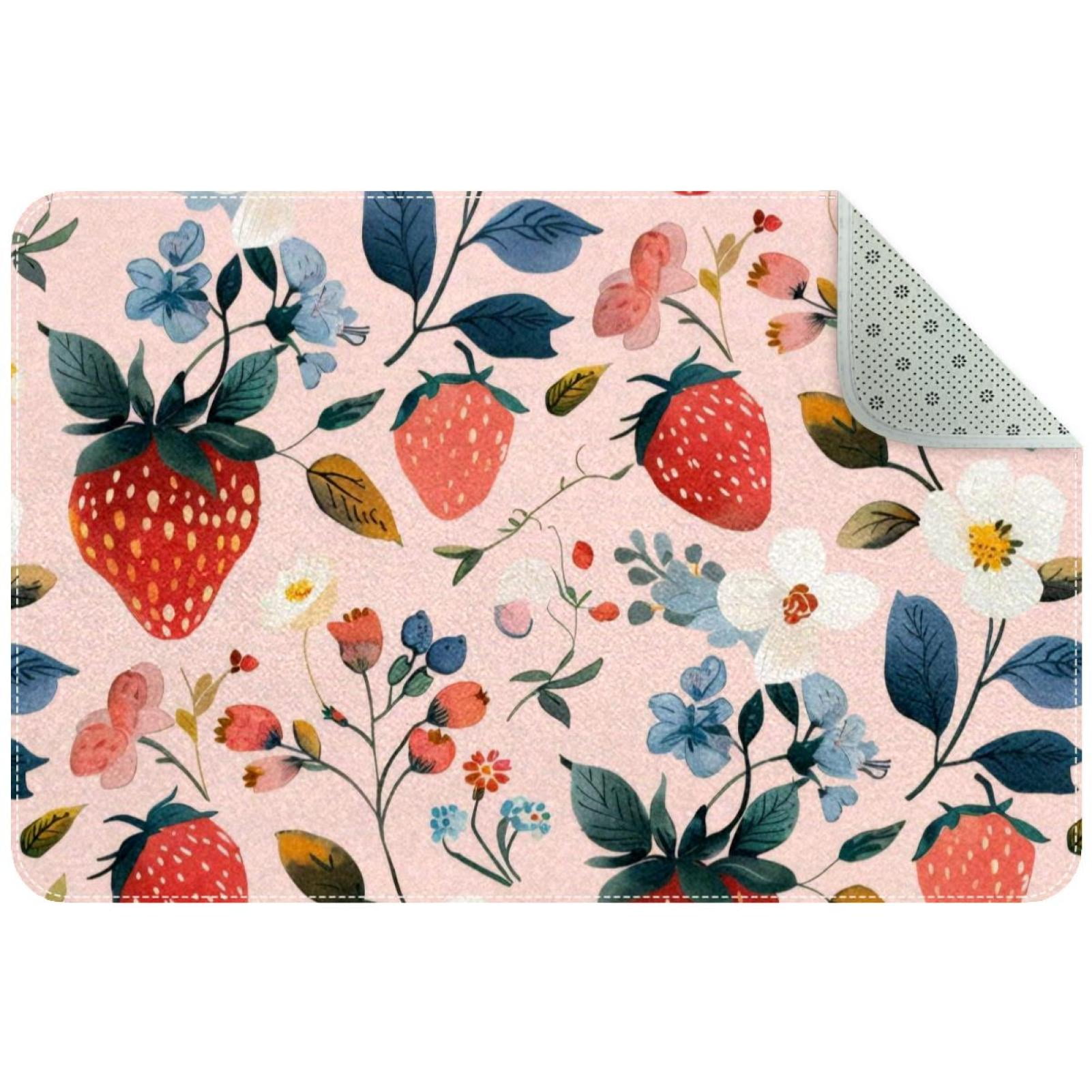 Small Washable Kitchen Rug, Cute Strawberries and Flowers Pink ...