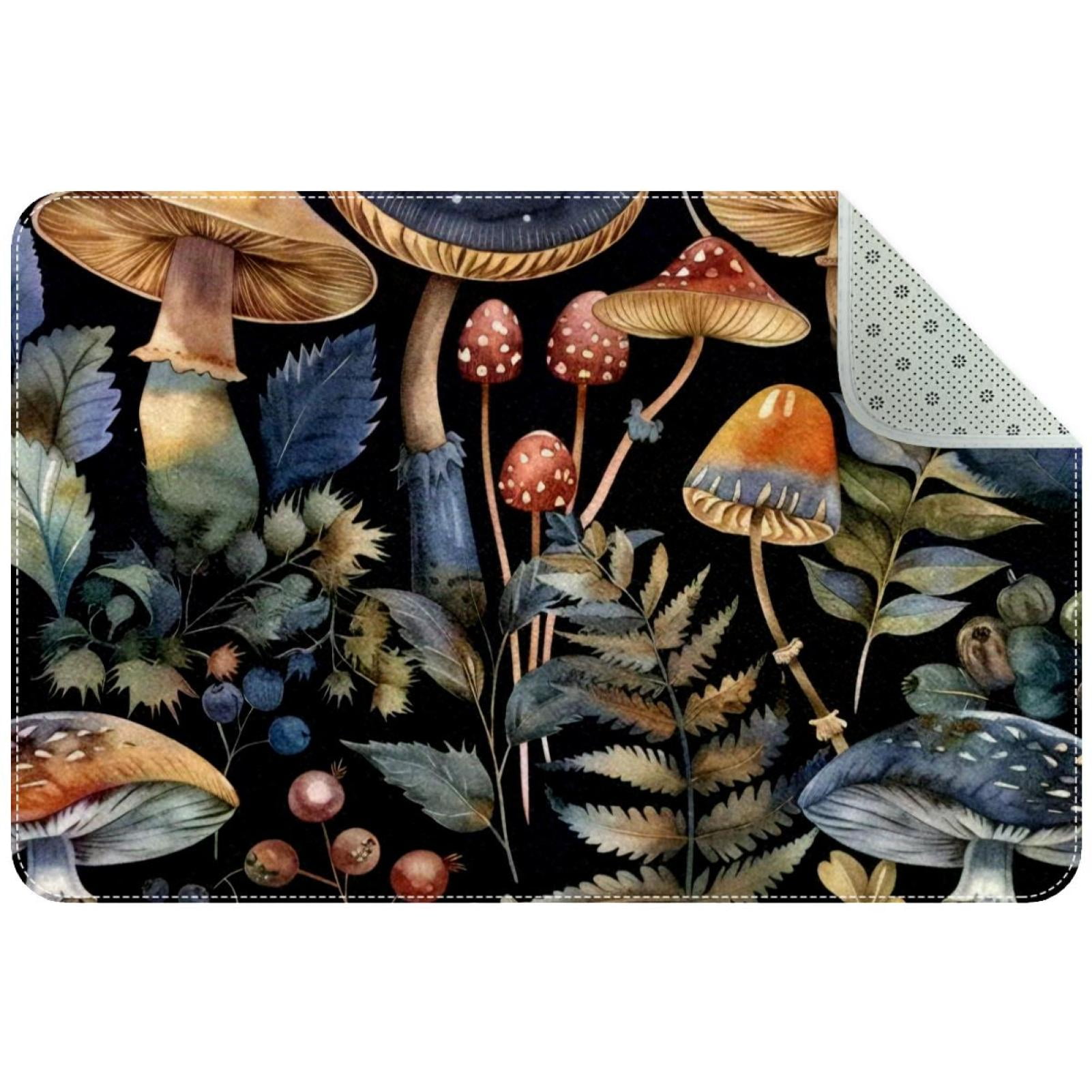 Small Washable Kitchen Rug, Forest Plants Mushrooms Berries on Dark ...