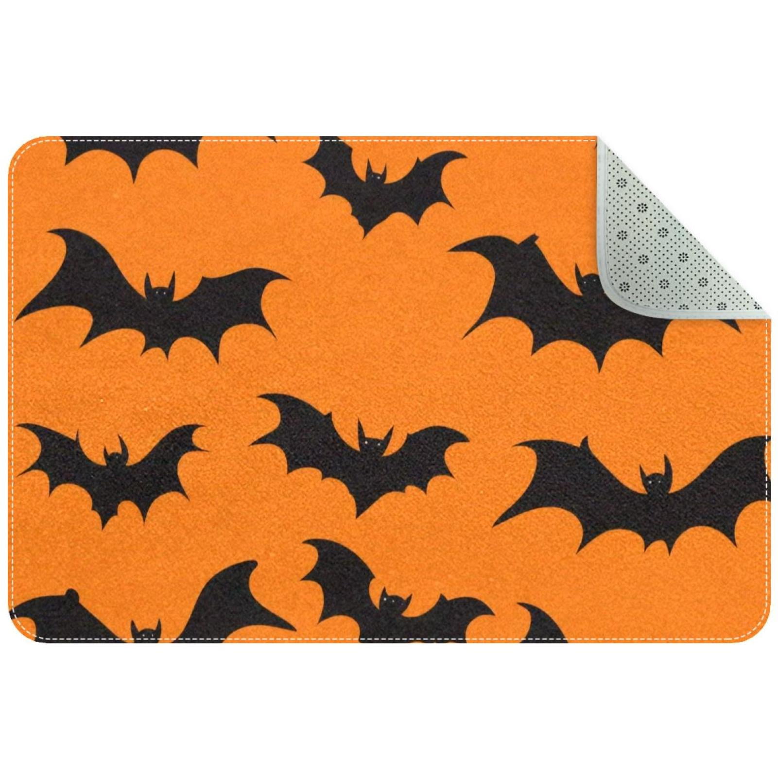 Small Washable Kitchen Rug, Halloween Bats Silhouette on a Orange ...