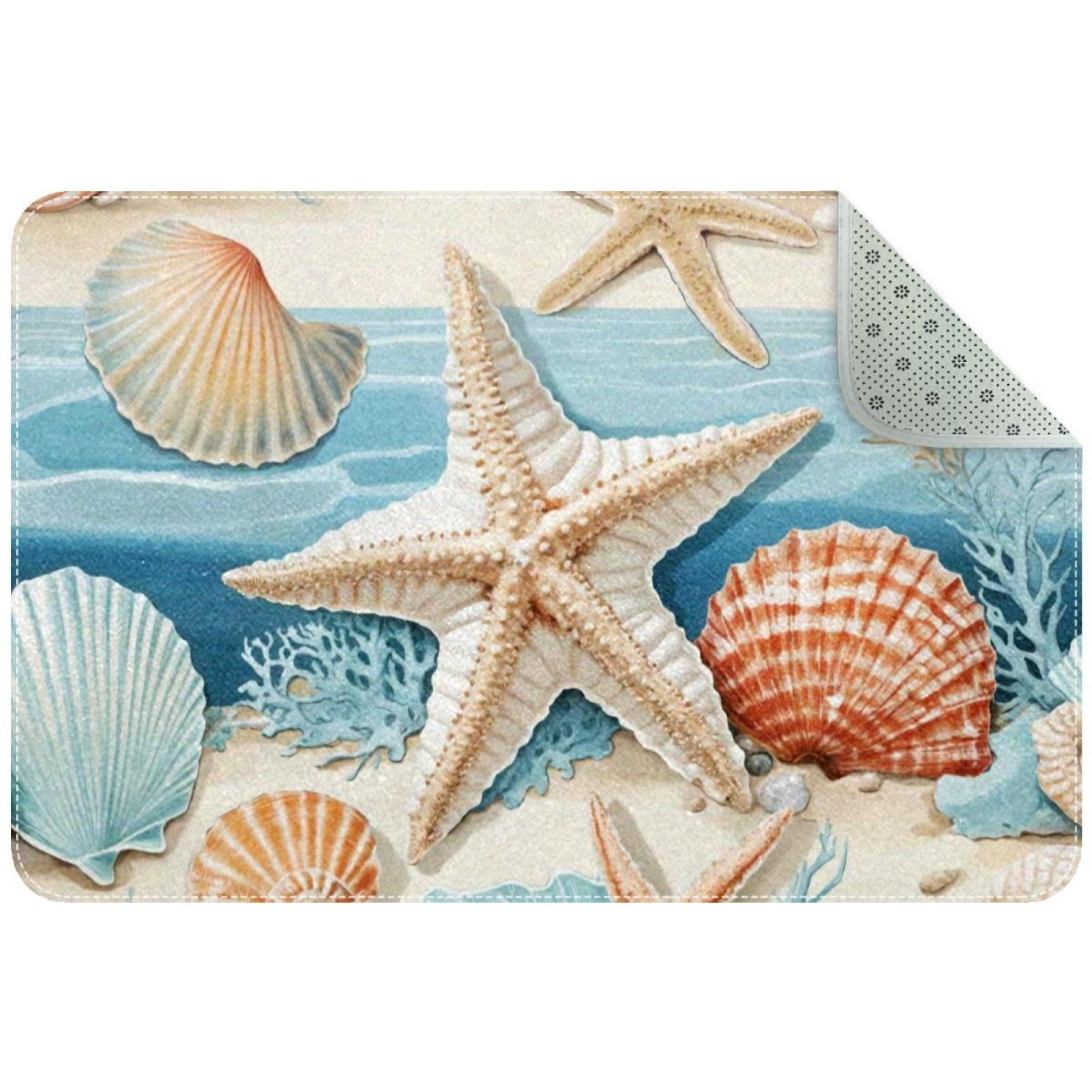 Small Washable Kitchen Rug, Nautical Coastal Coral Seashell Beach ...