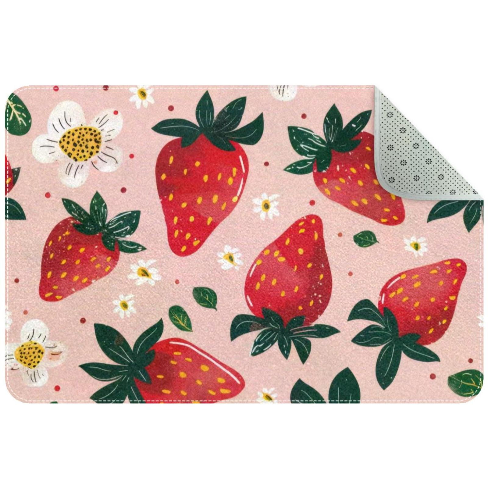 Small Washable Kitchen Rug, Strawberries and Cute Flower on Pink ...