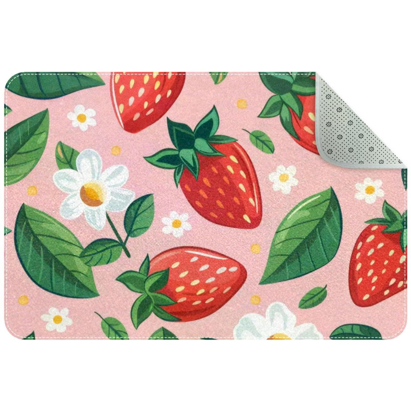 Small Washable Kitchen Rug, Strawberry and Cute Flower Pink Background ...