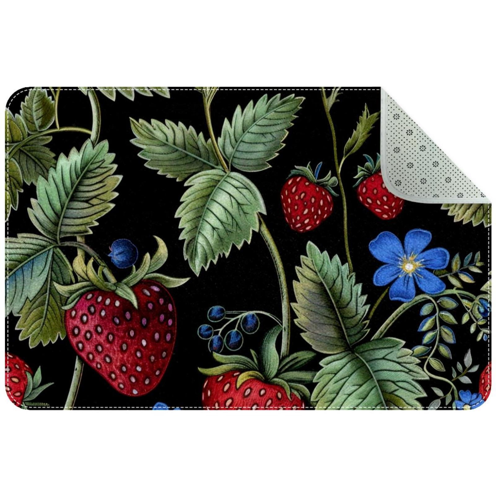 Small Washable Kitchen Rug, Strawberry Plant Leaves Blue Meadow Flower ...