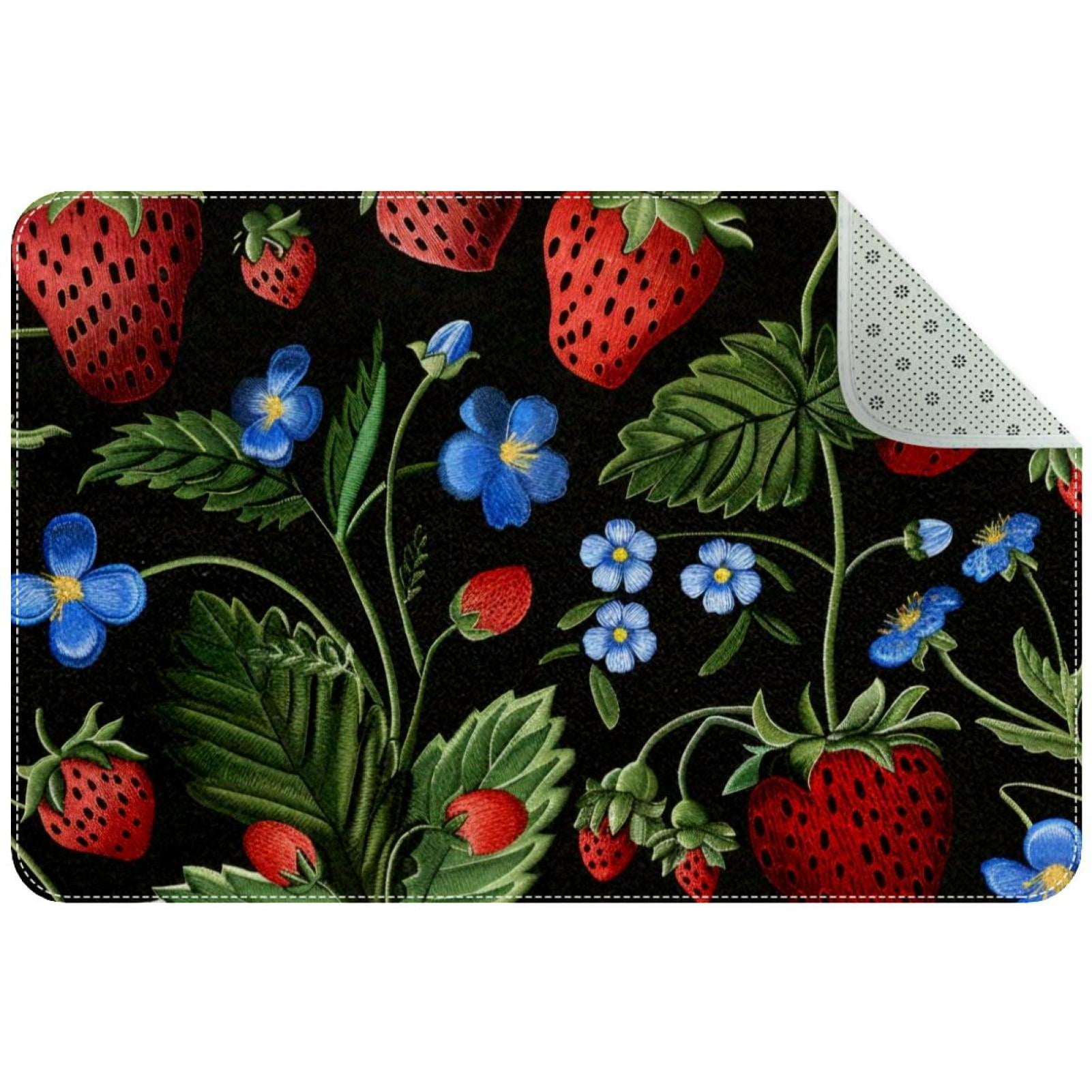 Small Washable Kitchen Rug, Strawberry Plant with Leaves Blue Meadow ...