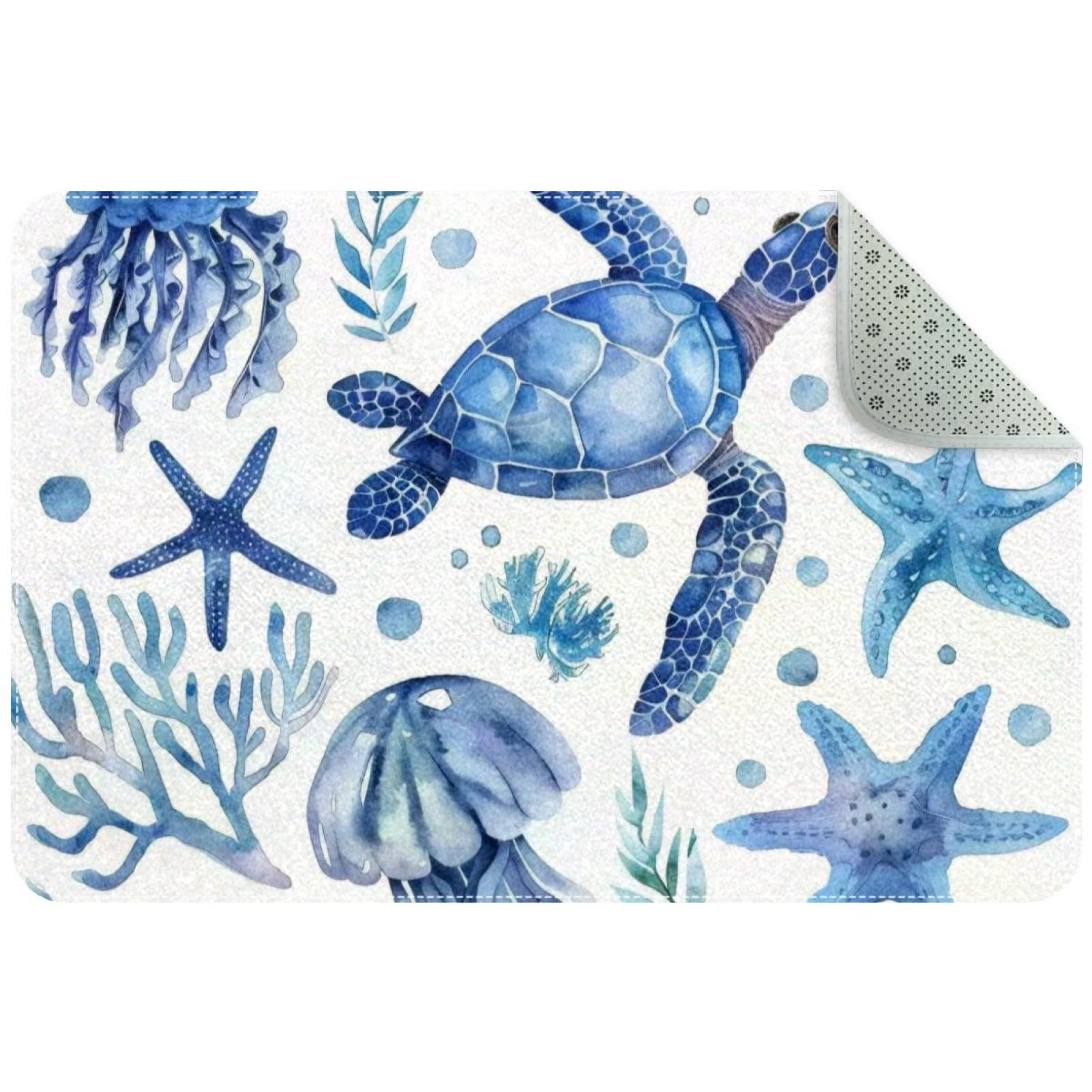 Small Washable Kitchen Rug, Watercolor Nautical Jellyfish Starfish ...