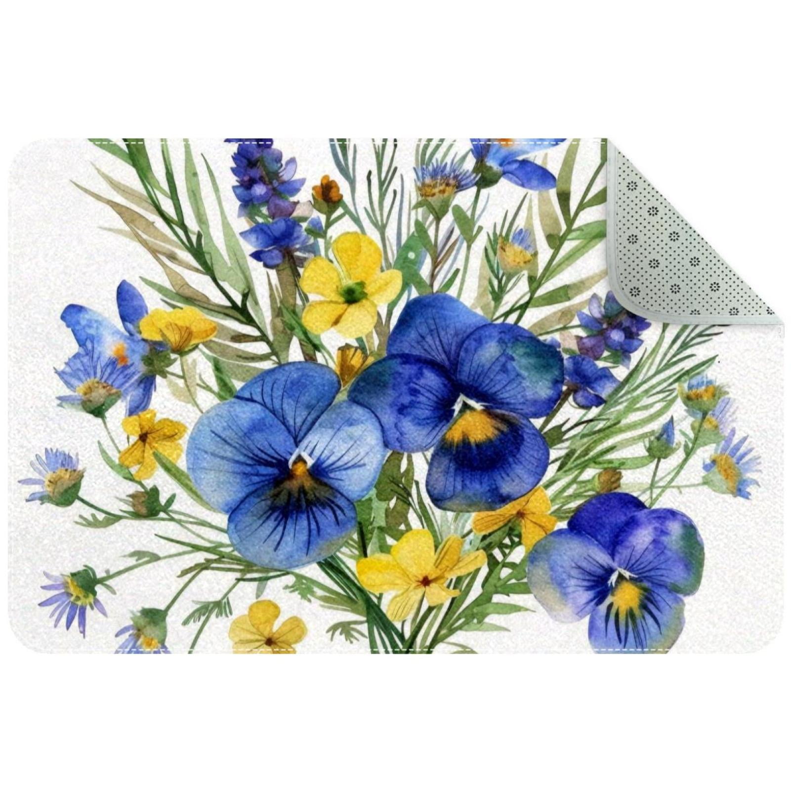 Small Washable Kitchen Rug, Watercolor Wildflowers Blue and Yellow ...