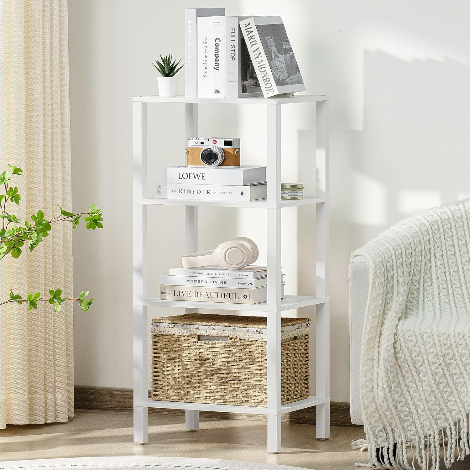 Small White Bookcase with 4 Tier Storage - Tall Wooden Bookshelf for ...